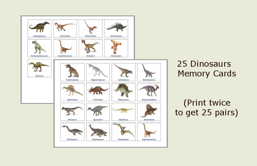 DINOSAUR Memory Game Printable Cards INSTANT DOWNLOAD, Famous Dinosaurs ...