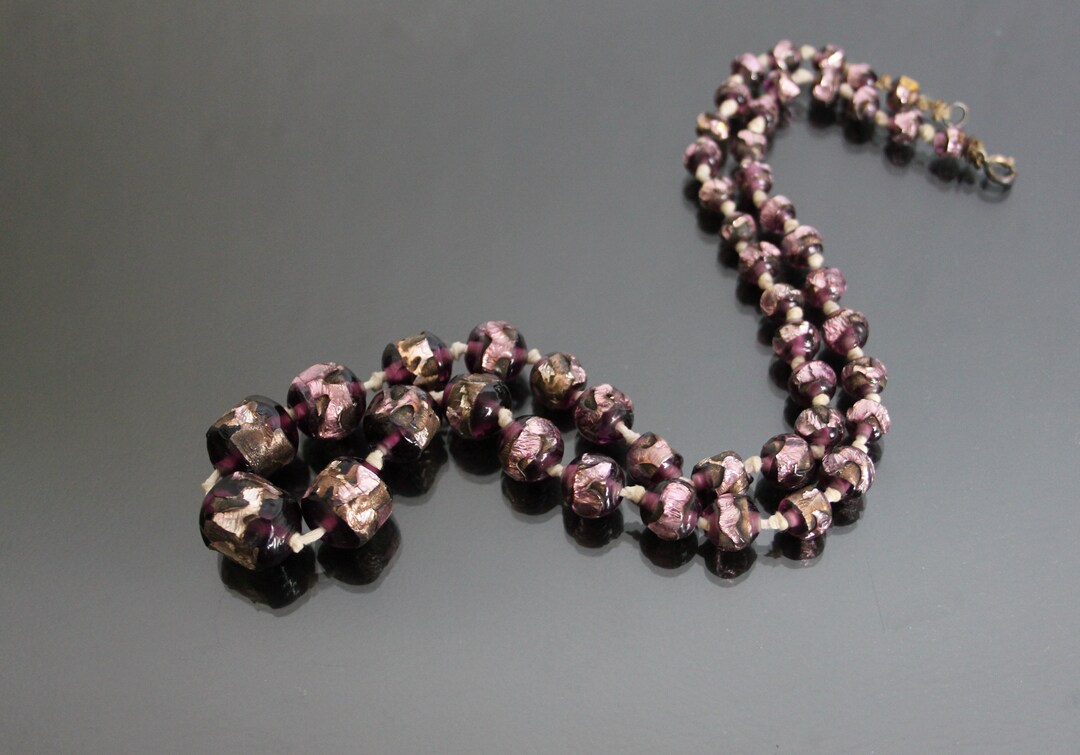 Vintage Czech Silver Foiled Art Glass Beaded Necklace, Purple. - Etsy