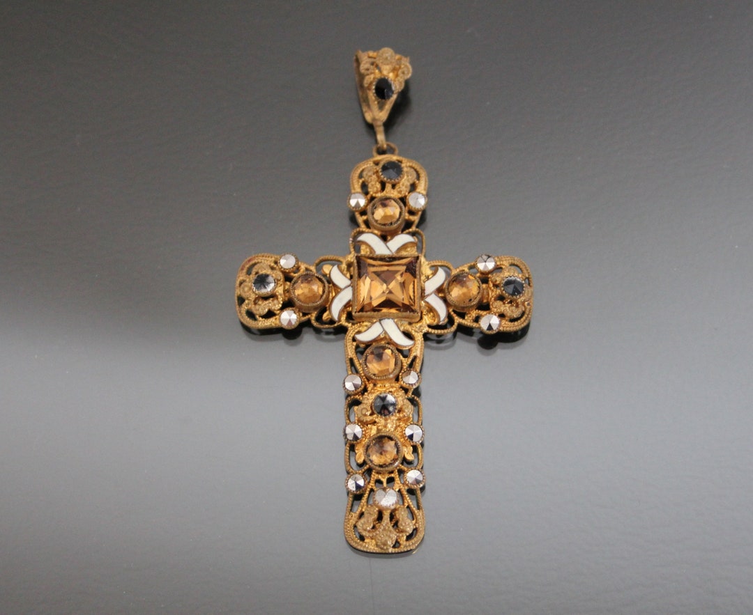Art Deco Bohemian Glass Cross Peandant. Smoky Quartz, Enamel. Brass ...