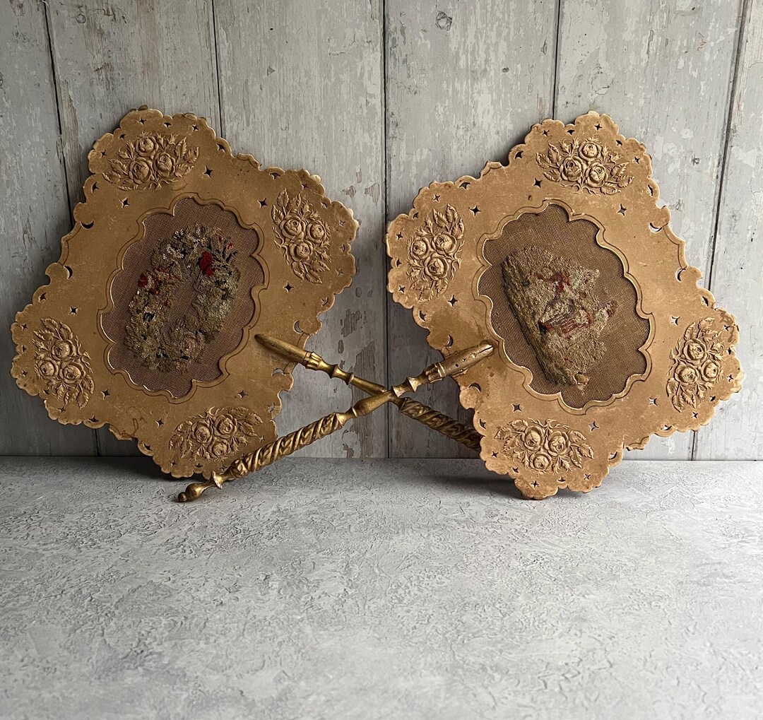 Antique Pair Georgian Face Screens Giltwood Needlework & Embossed Card ...