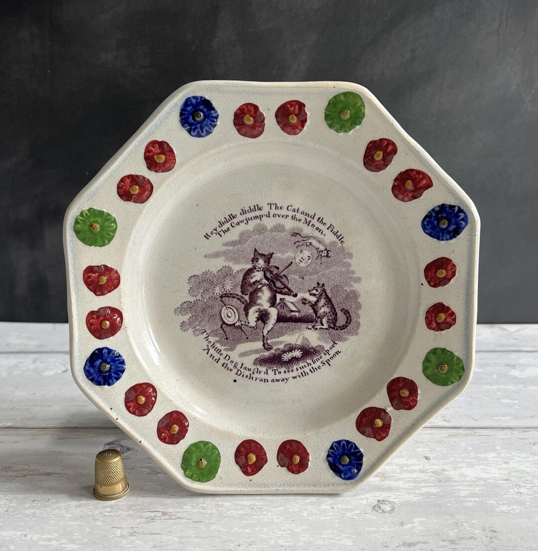 19th Century Children's Cat Plate Hey Diddle Diddle Cat and Fiddle Cow ...
