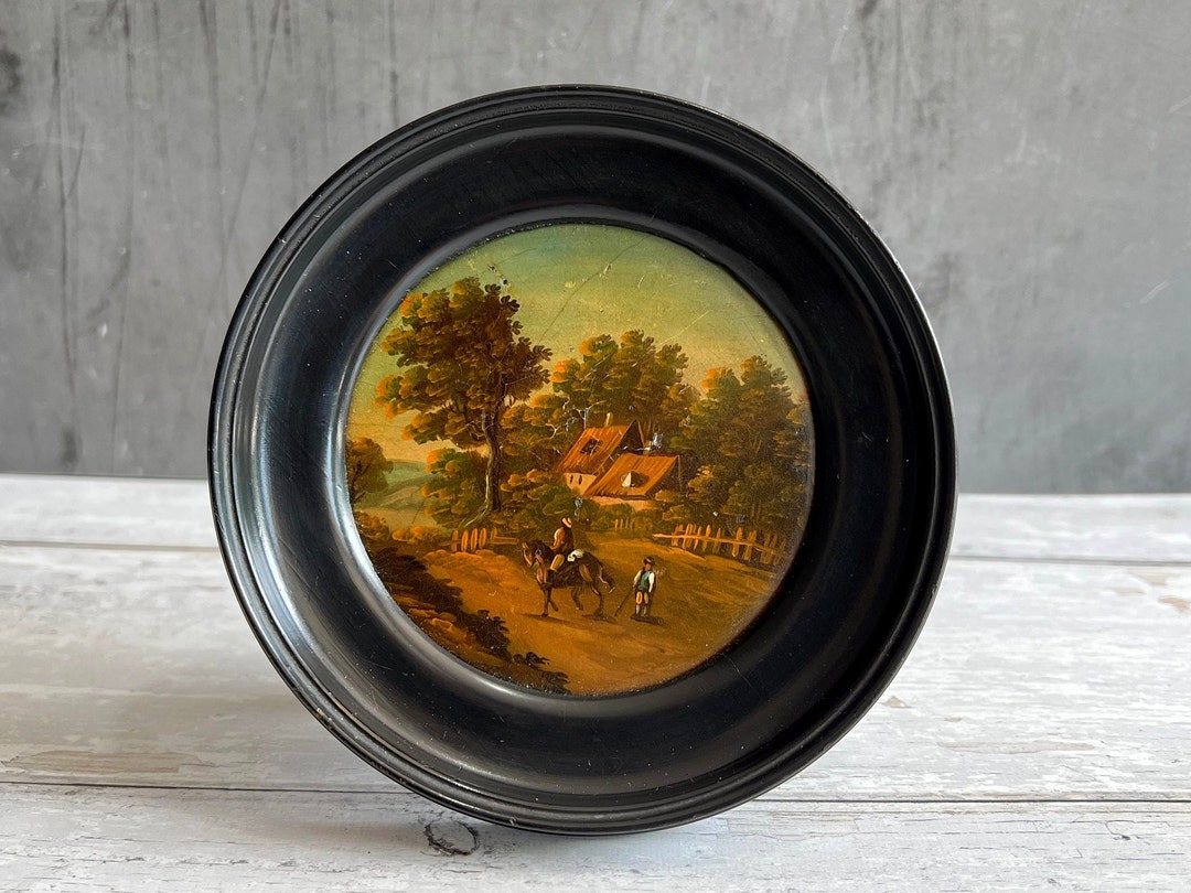 19th Century Framed Papier Mache Snuff Box Lid Horse and Cottages Rural ...