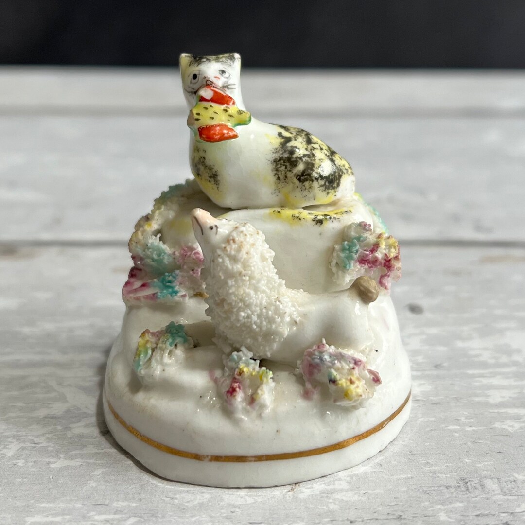 RARE Miniature Staffordshire Figure Poodle Dog Cat Kitten and Bird C ...