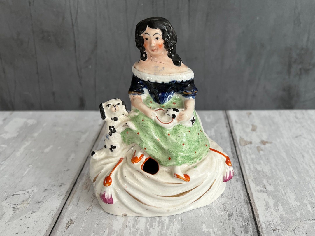 RARE 19th Century Staffordshire Figure Lady Puppy Dogs Pen Holder C ...