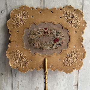 Antique Pair Georgian Face Screens Giltwood Needlework & Embossed Card ...