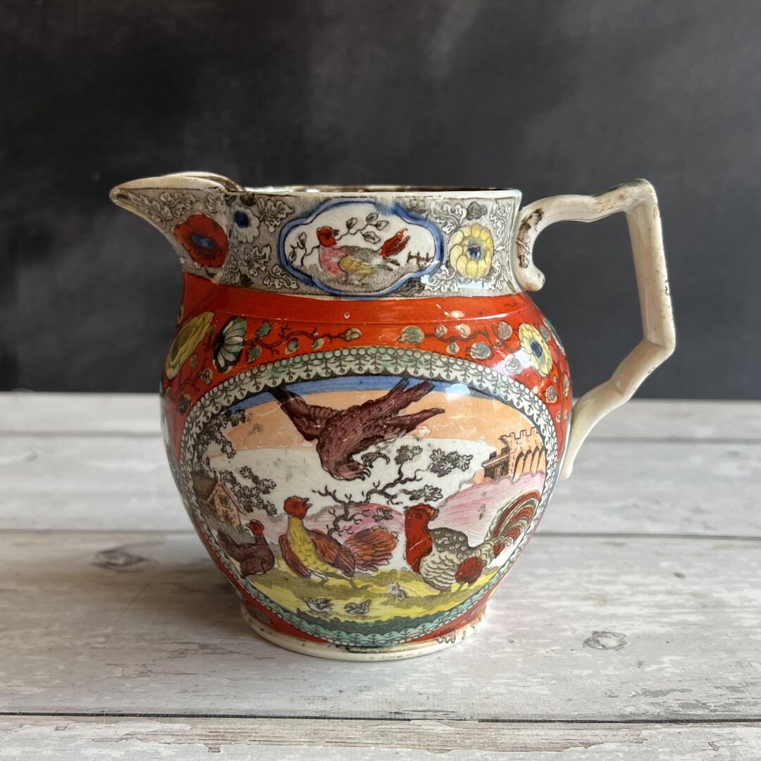 19th Century Pearlware Jug Pitcher Owl Birds Playing Cards Jug Aesop’s ...