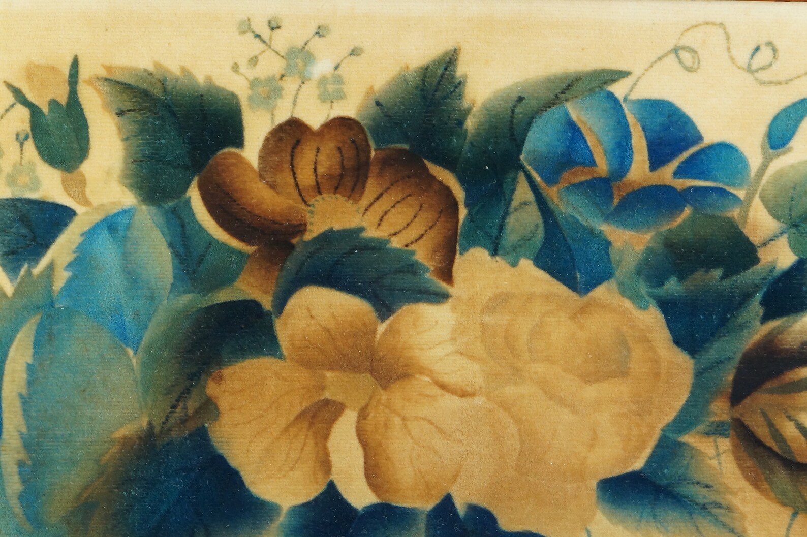 Antique 19th Century Watercolor Theorem Painting on Velvet Flowers Folk ...