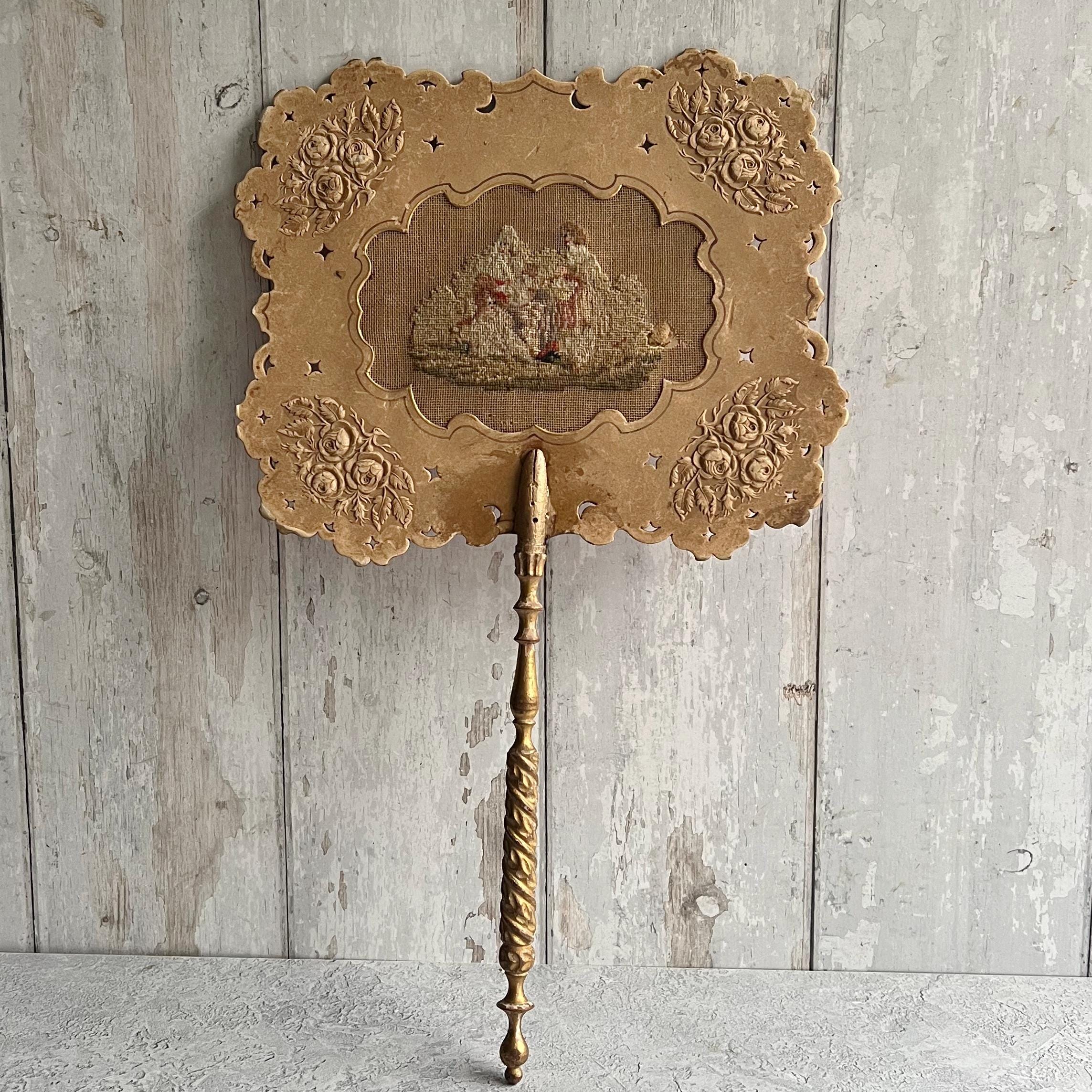 Antique Pair Georgian Face Screens Giltwood Needlework & Embossed Card ...