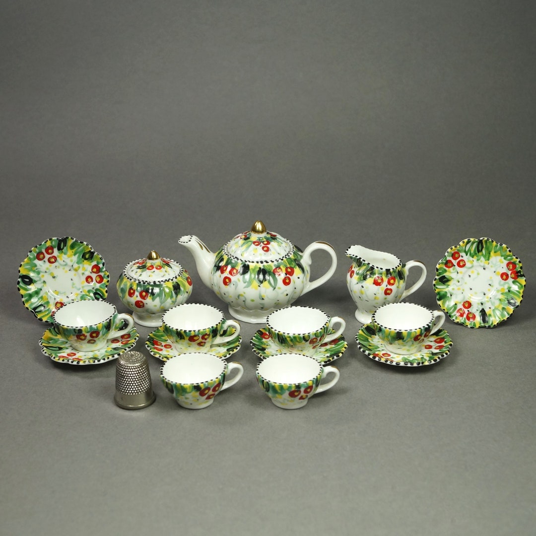 Vintage Miniature Dolls Complete Tea Set 9 Piece Hand Painted Porcelain ...