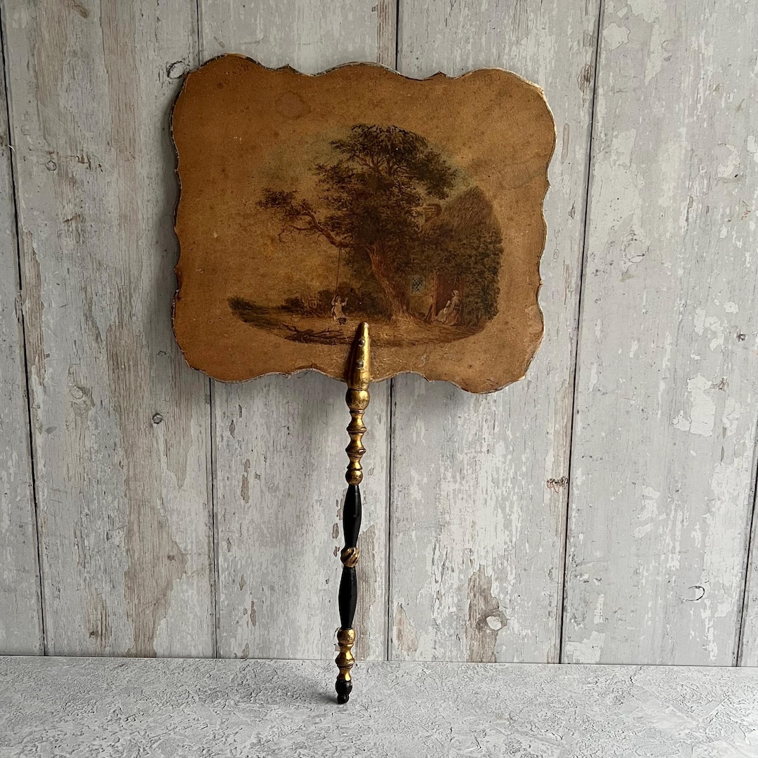 Antique Georgian Face Screen Hand Painted Cottage Scene Lady Sewing ...