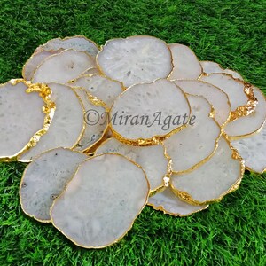 White Agate Coasters Set of 4 Gold or Silver Electroplated, Handmade ...