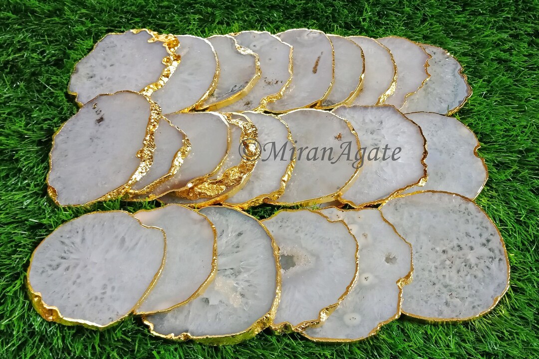 White Agate Coasters Set of 4 Gold or Silver Electroplated, Handmade ...