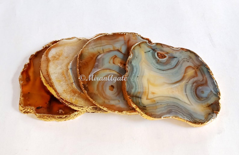 Brown Agate Coaster Set of 4 Gold or Silver Electroplated, Handmade ...