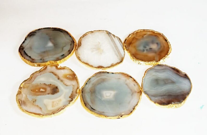Brown Agate Coaster Set of 4 Gold or Silver Electroplated, Handmade ...