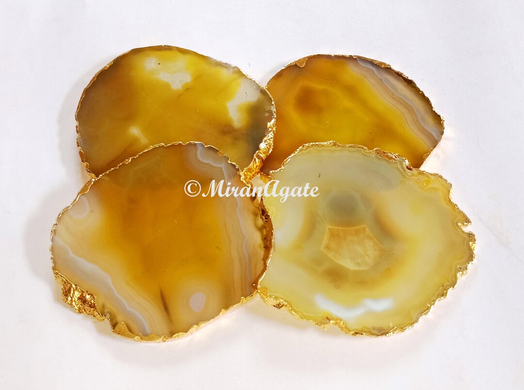 Set of 4 Yellow Agate Coasters,drink-ware Coaster Set, Gold or Silver ...