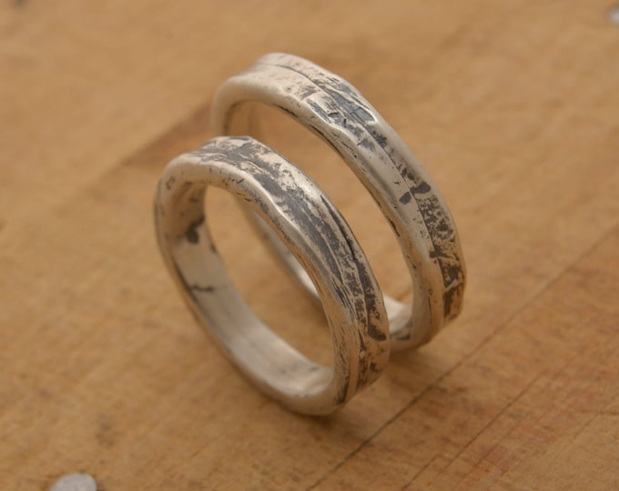 Rustic Wedding Bands Set - Oxidized Sterling Silver Matching Rings ...