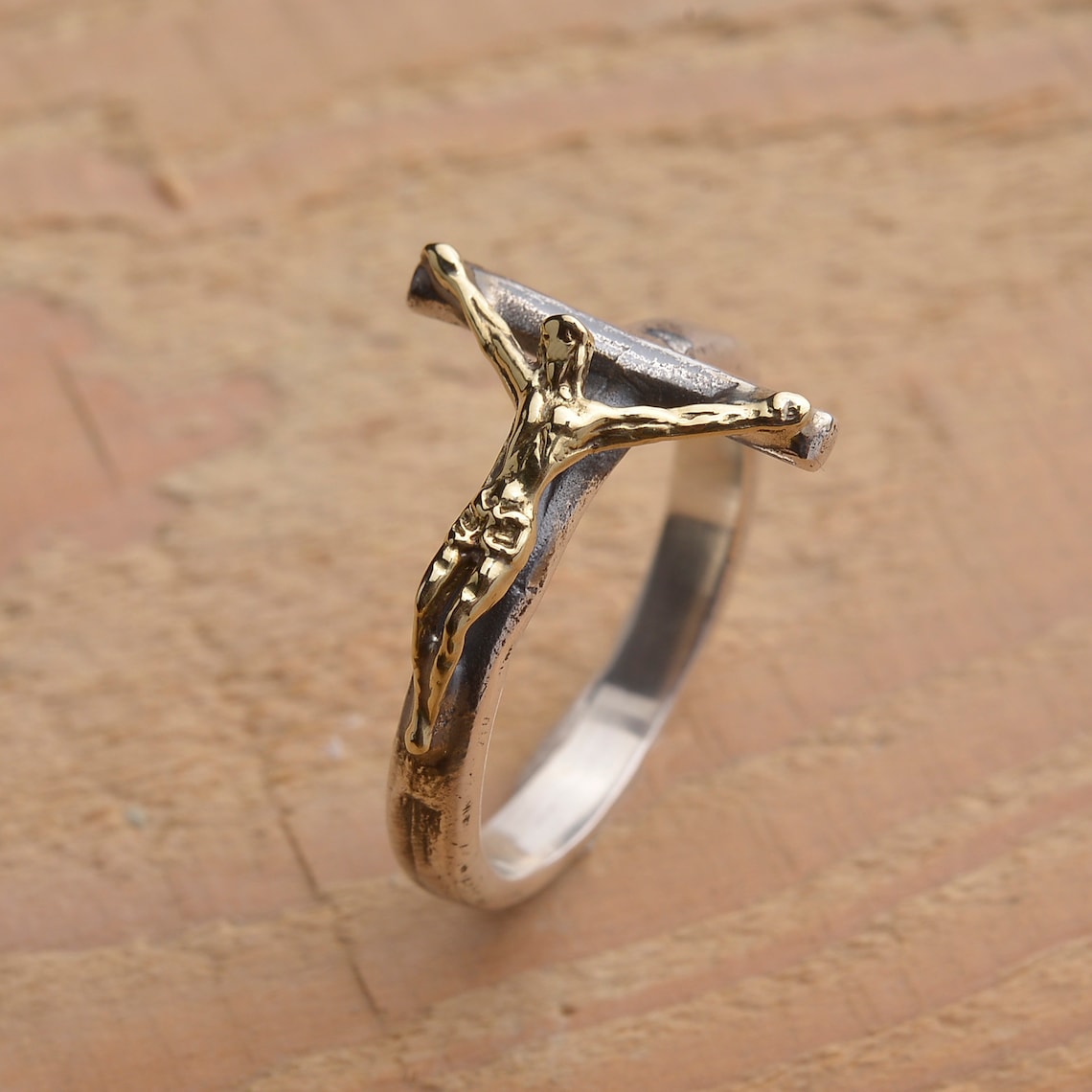 Crucifix Cross Ring in Sterling Silver and Gold 14kt - Etsy
