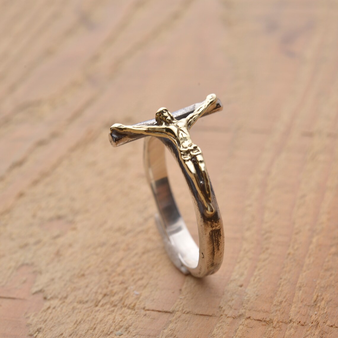 Crucifix Cross Ring in Sterling Silver and Gold 14kt - Etsy