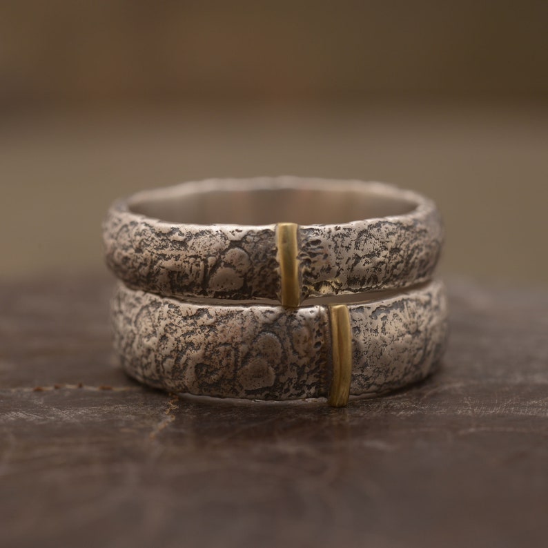 Handcrafted Rock Texture Sterling Silver Wedding Rings, 14K Gold Detail ...