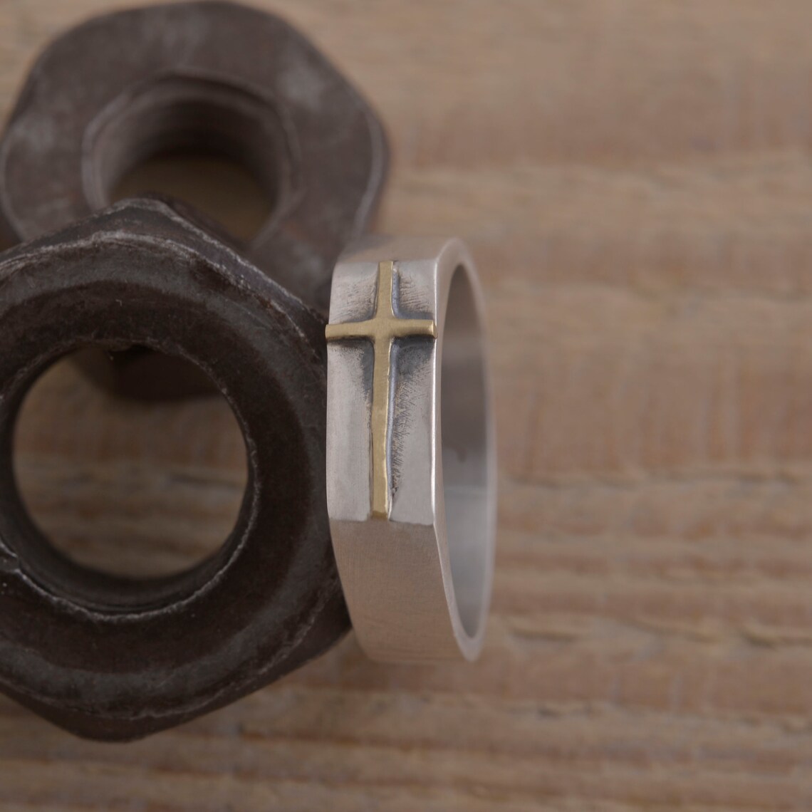 Cross Ring for Men Sterling Silver and 14KT Gold Christian - Etsy