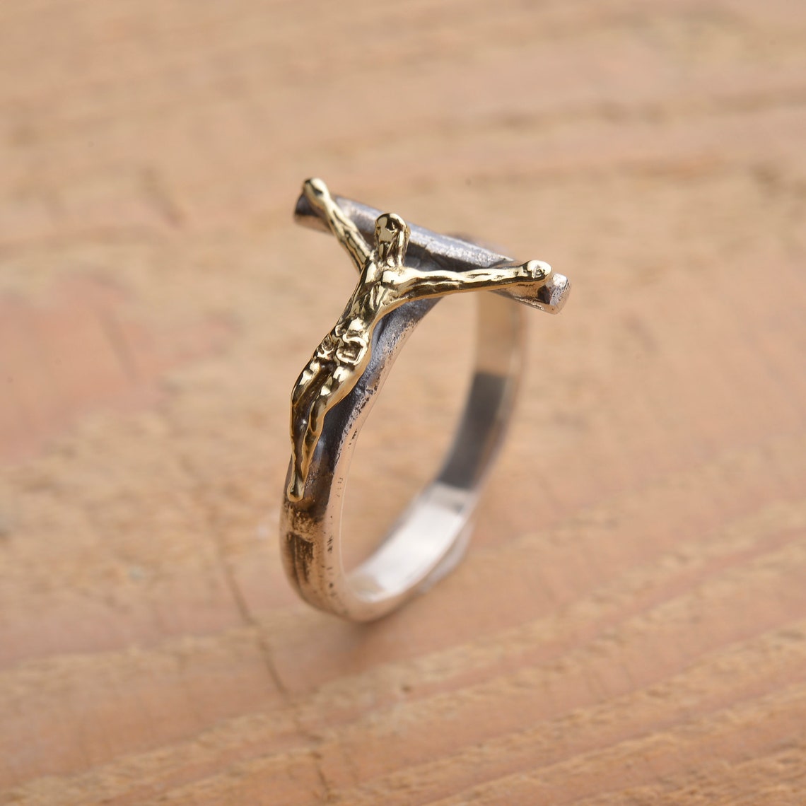 Crucifix Cross Ring in Sterling Silver and Gold 14kt - Etsy