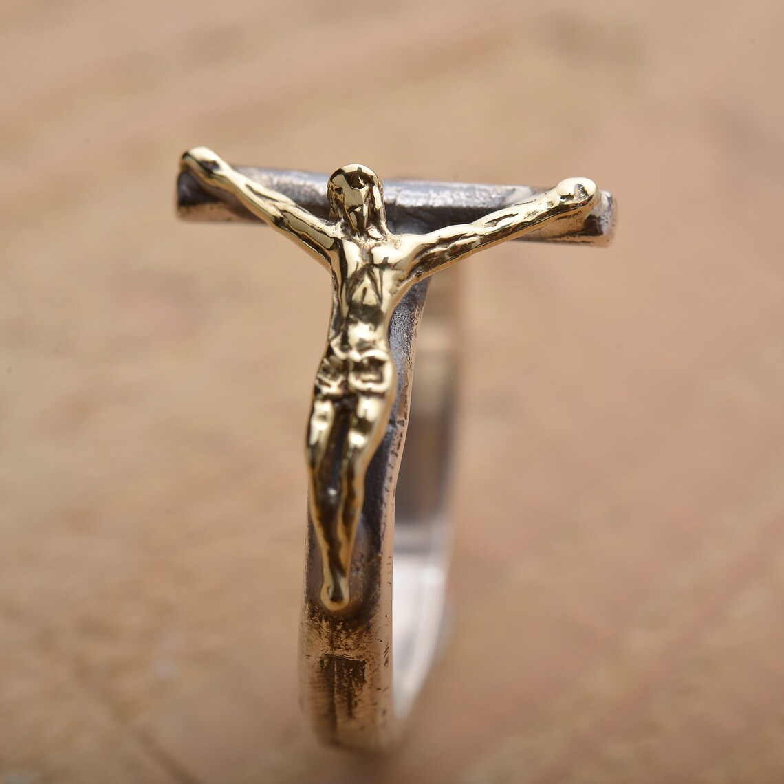Crucifix Cross Ring in Sterling Silver and Gold 14kt - Etsy