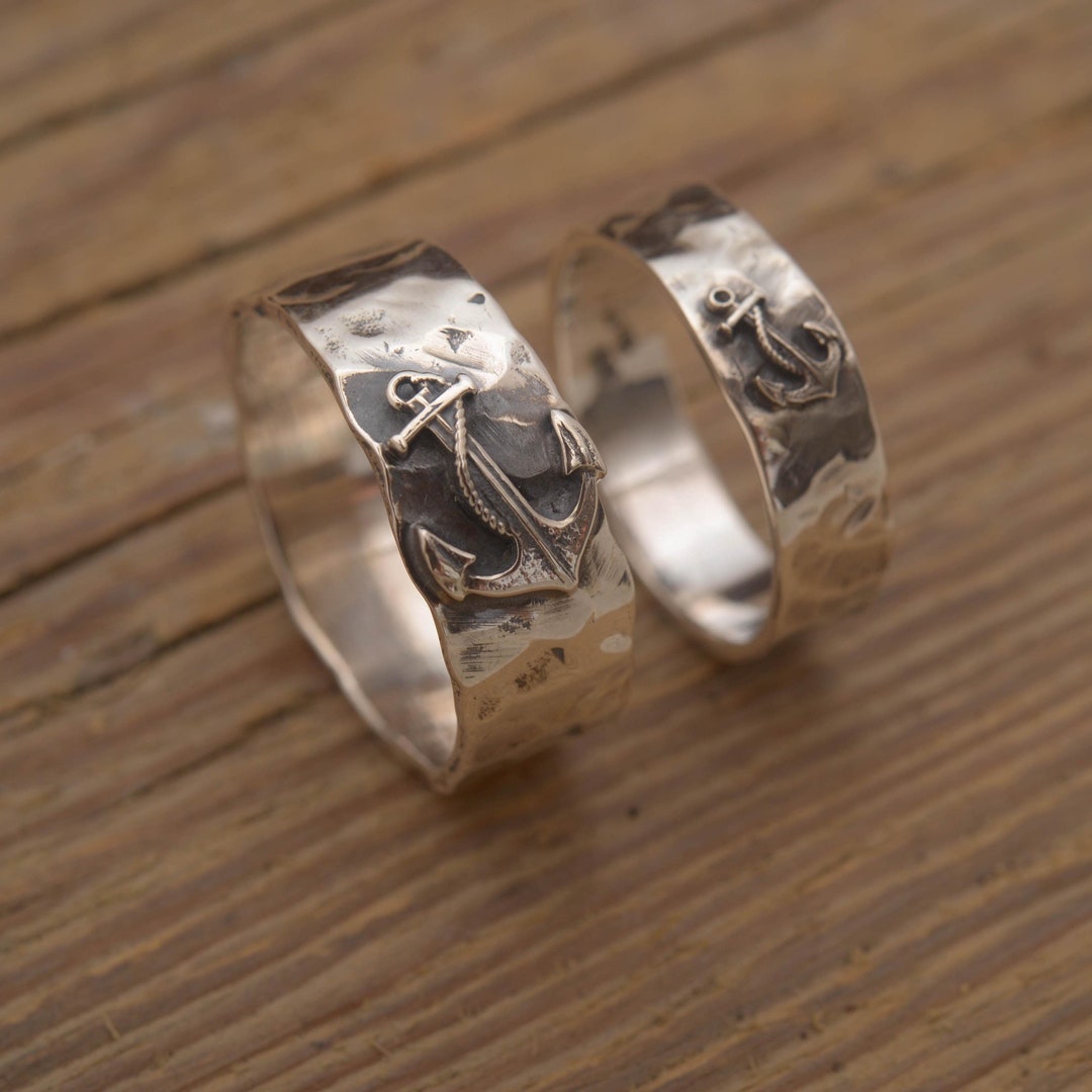 Sterling Silver Anchor Wedding Band Set, Navy Wedding, Sea Rings, 9mm ...