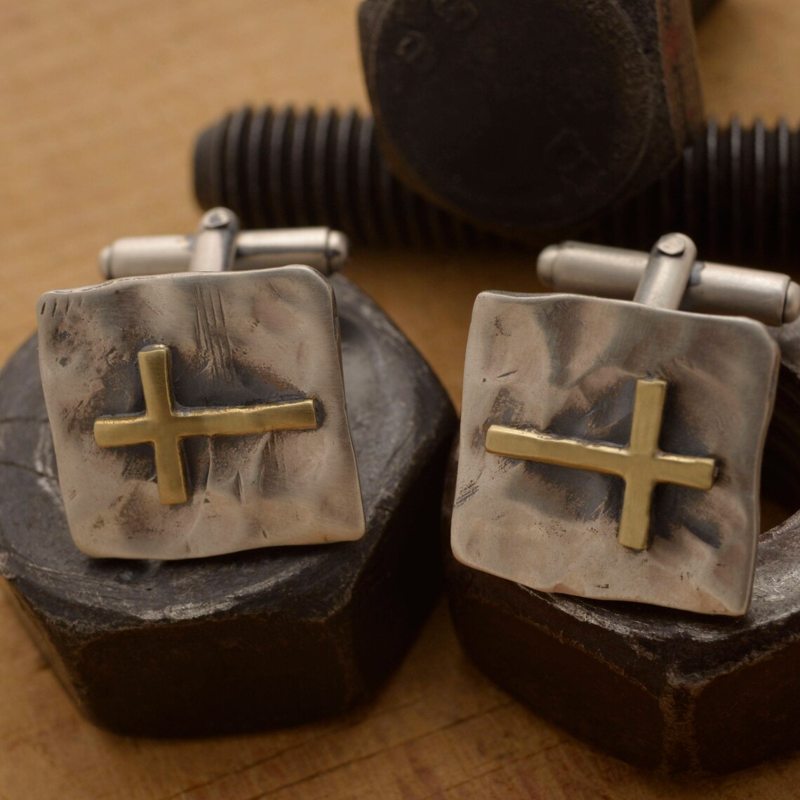 Cross Cufflinks Sterling Silver Cufflinks 14K Gold Cross - Etsy
