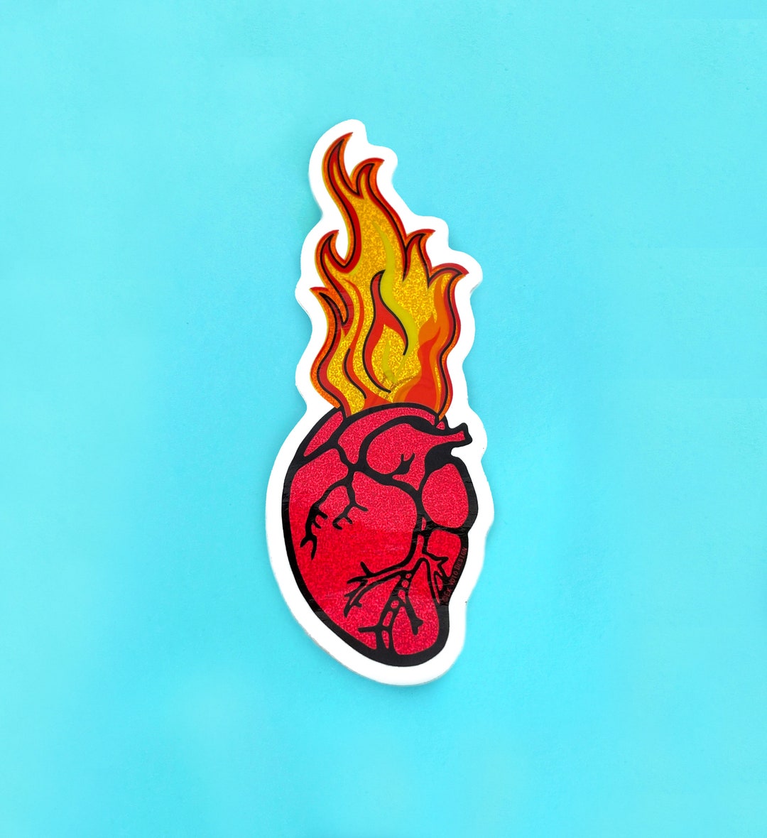 FLAMING HEART, Glitter Heart Vinyl Sticker - Etsy