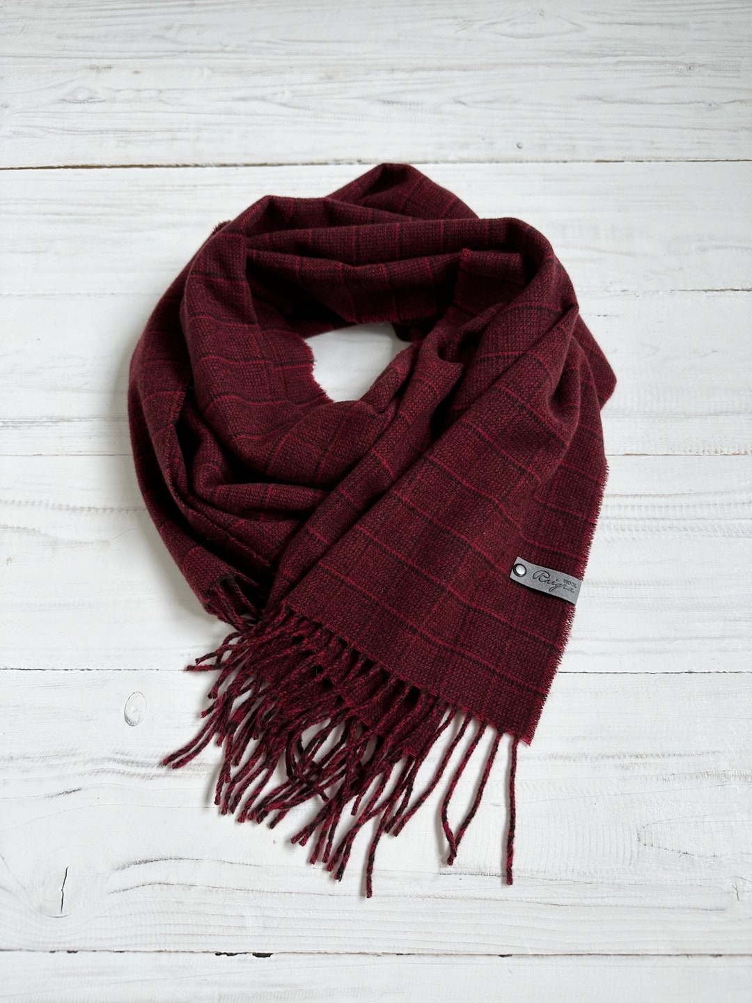 Burgundy Red Merino Wool Small Check Pattern Gentle Scarf With Fringes ...