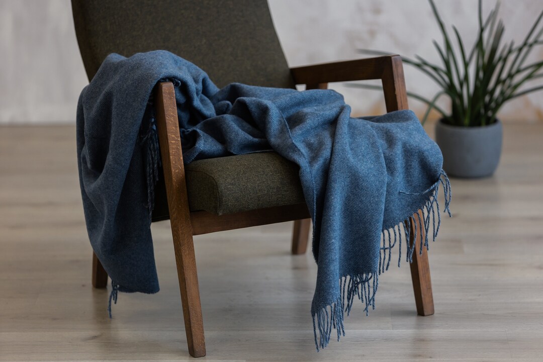 Dark Blue Merino Wool Solid Pattern Large Sofa Blanket Warm Lightweight ...