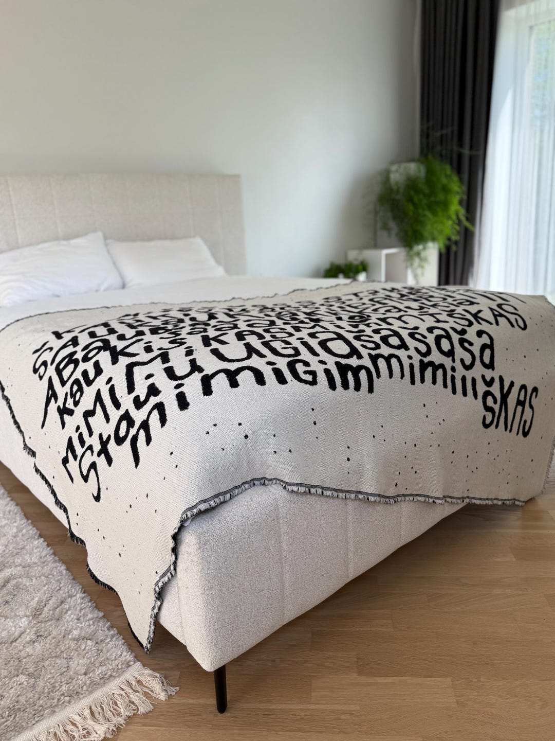 Double-sided Weave Words Pattern Pure Cotton Throw Reversible Black ...