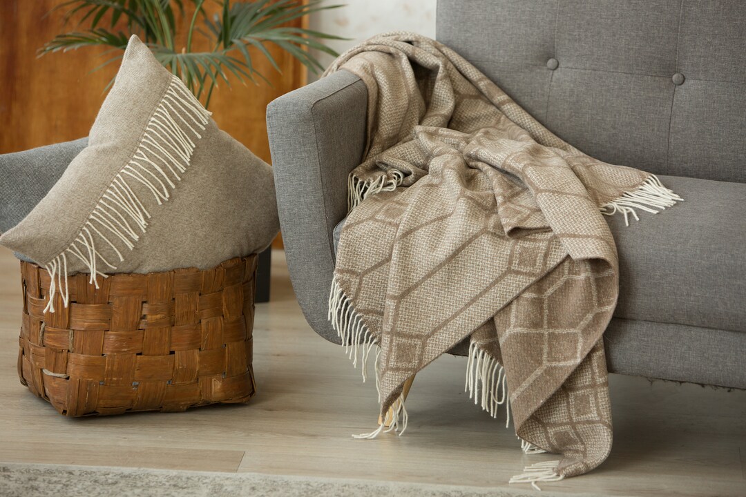 Merino Wool Blanket Twin Diamond Geometric Pattern Brown Blanket Throw ...