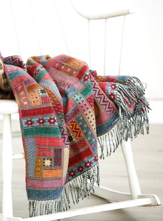 Aztec Style Merino Wool Colorful Plaid Blanket Throw High | Etsy