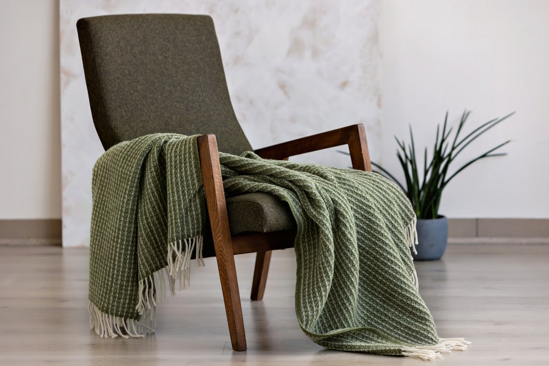 Pure Wool Small Check Knit Pattern Forest Green Melange Large Sofa ...