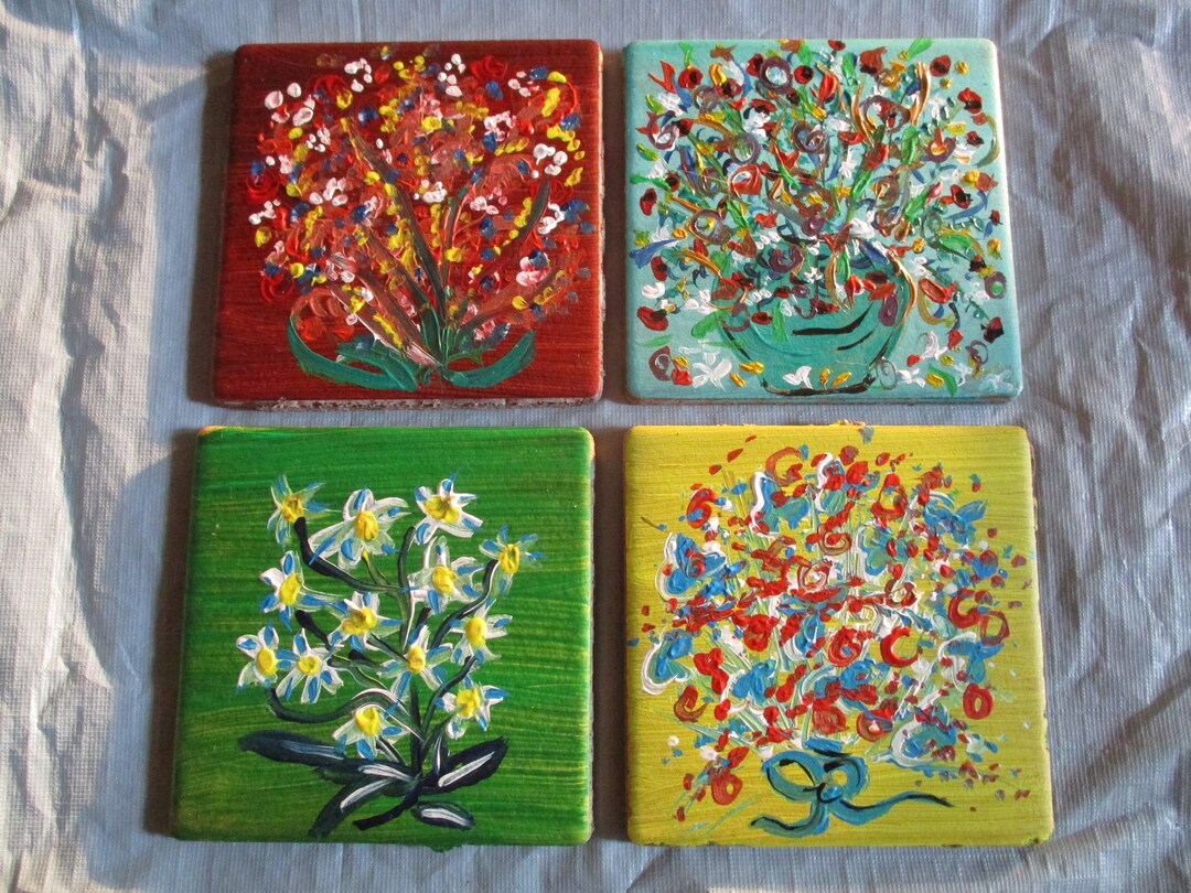 A Unique Set of Four Hand-painted Glazed Ceramic Coasters by Catriona ...