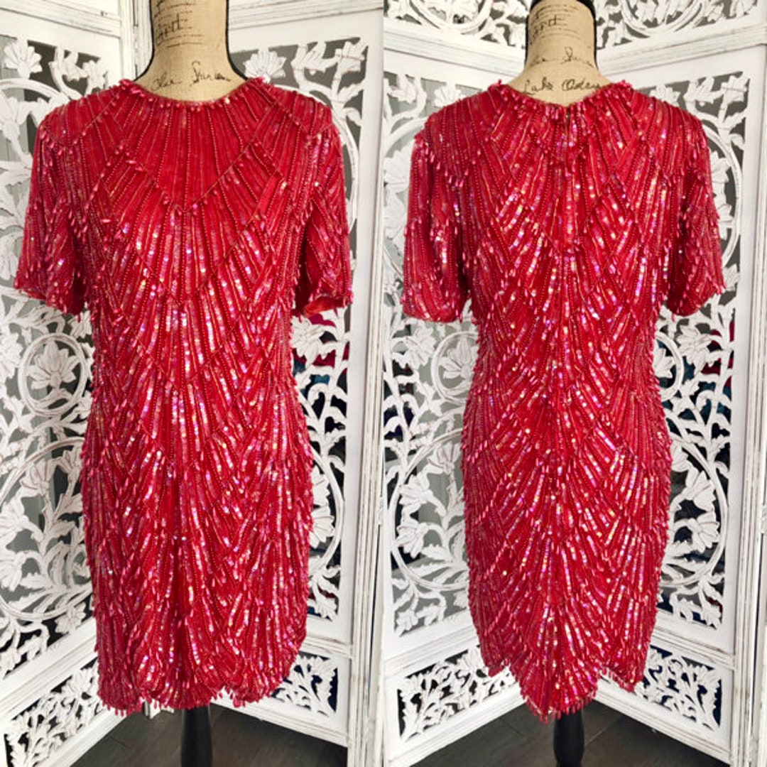 Vintage Sequin Red Dress Beaded Dress 10 - Etsy
