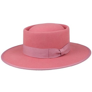 Pink Fedora Hat, Wide Brim Hat, Extra Wide Band, Wool Felt Hat, Stiff ...