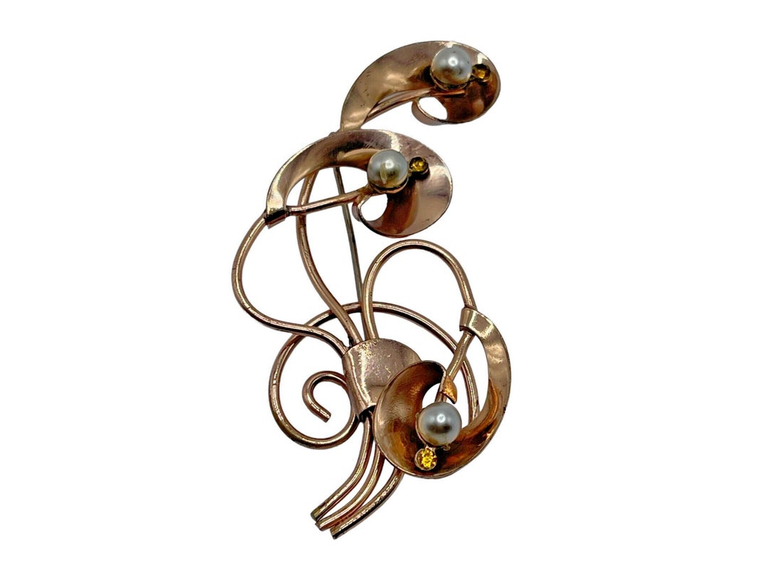 Vintage Stylized Wire Brooch With Faux Pearl and Rhinestones - Etsy