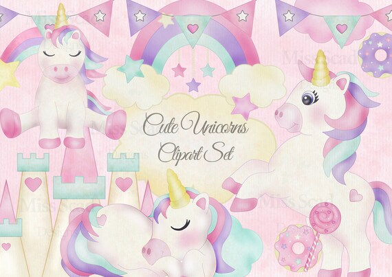 Watercolor Cute Unicorn Clipart Set, 22 Png Transparent Elements ...
