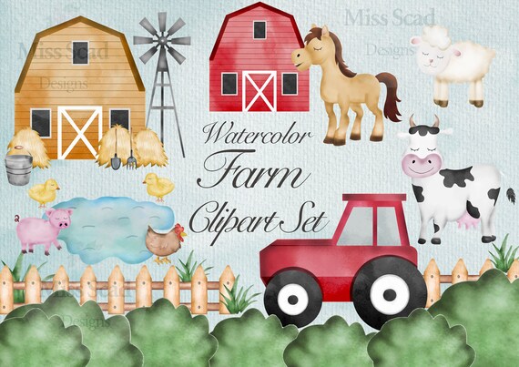 Watercolor Cute Farm Animals Clipart Set, 21 Png Transparent Files,Farm ...