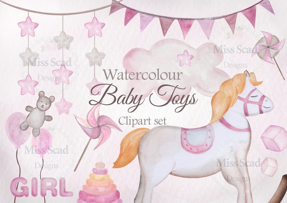 Watercolor Handmade Baby Girl Toys Clipart Set, 19 Png Elements ...