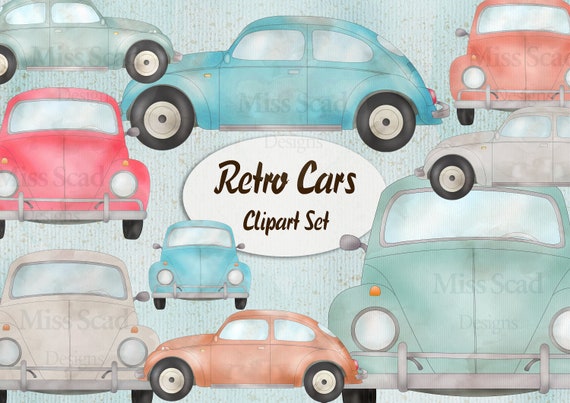 Vintage Retro Watercolor Cars Clipart Set in multi colors, 10 Png ...