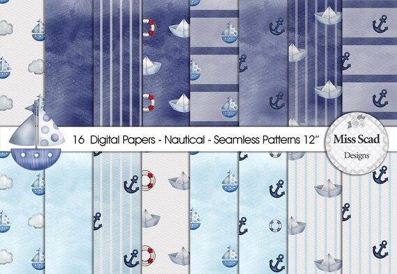 Watercolor Baby Nautical Digital Papers- 16 Seamless Patterns Vivid ...