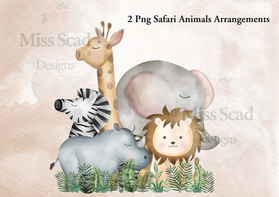 2 Cute Watercolor Safari Animals Png Arrangements, Transparent ...