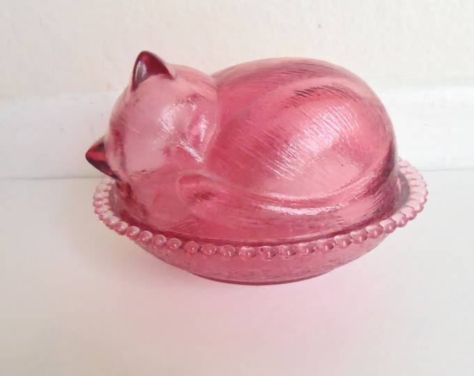 Vintage Glass Pink Cat Dish, Sleeping Kitten Covered Dish / Candy Dish ...