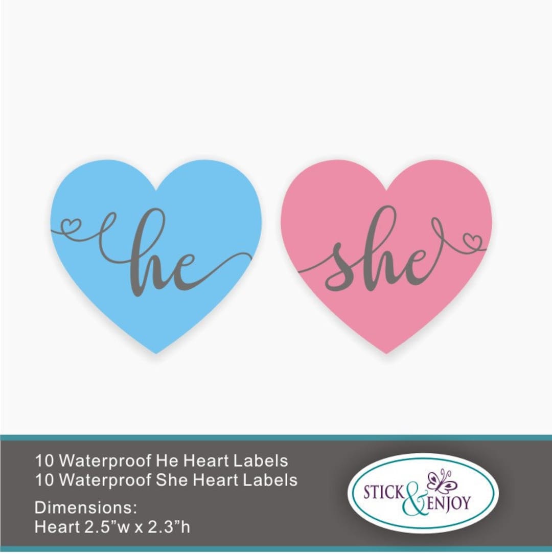 20 Gender Reveal Party Stickers, He or She Labels, Heart Shaped Labels ...