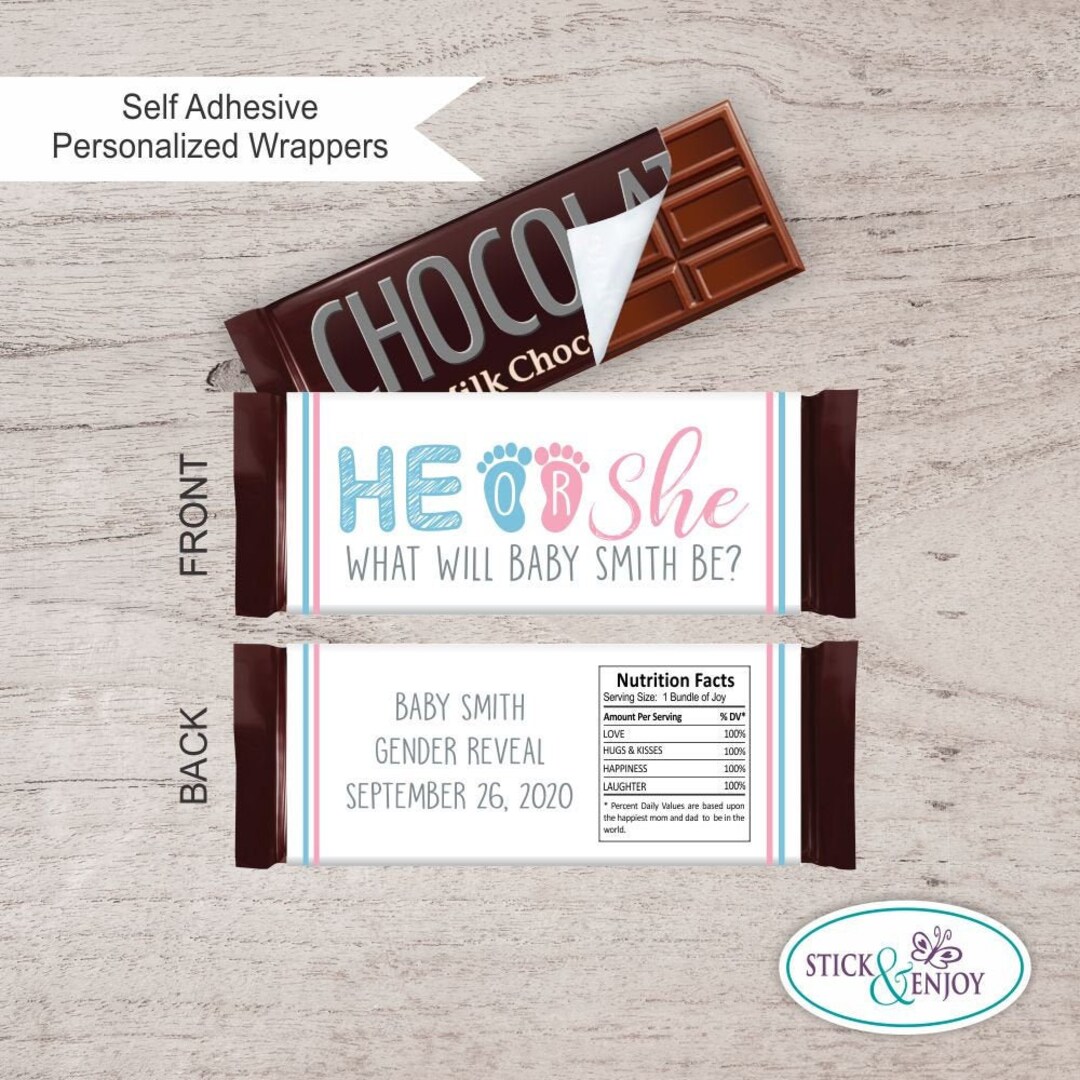 12 Custom Self Adhesive Candy Wrappers, Gender Reveal Party Candy ...