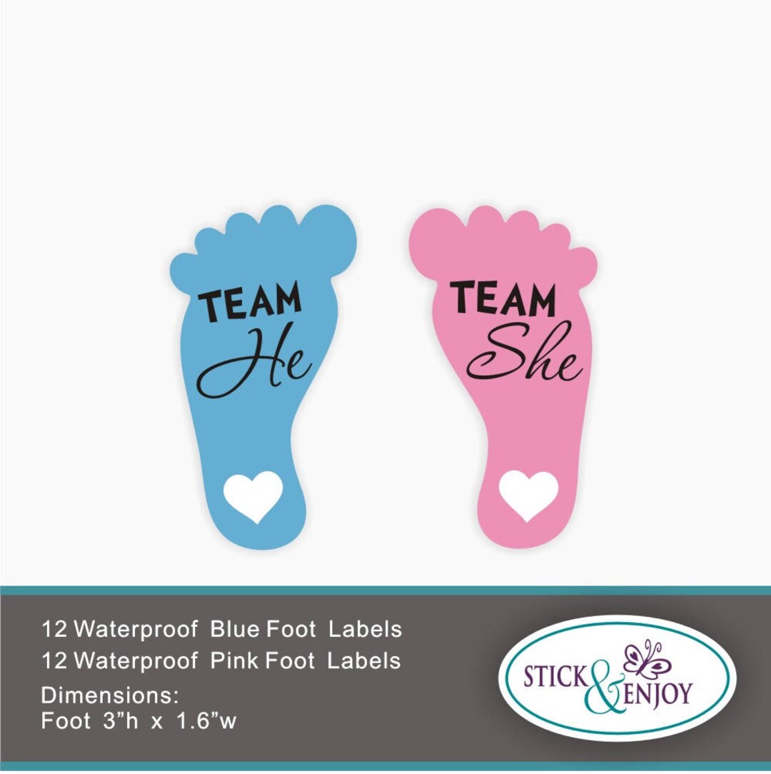 24 Gender Reveal Party Stickers, Team He and Team She Labels. Foot ...