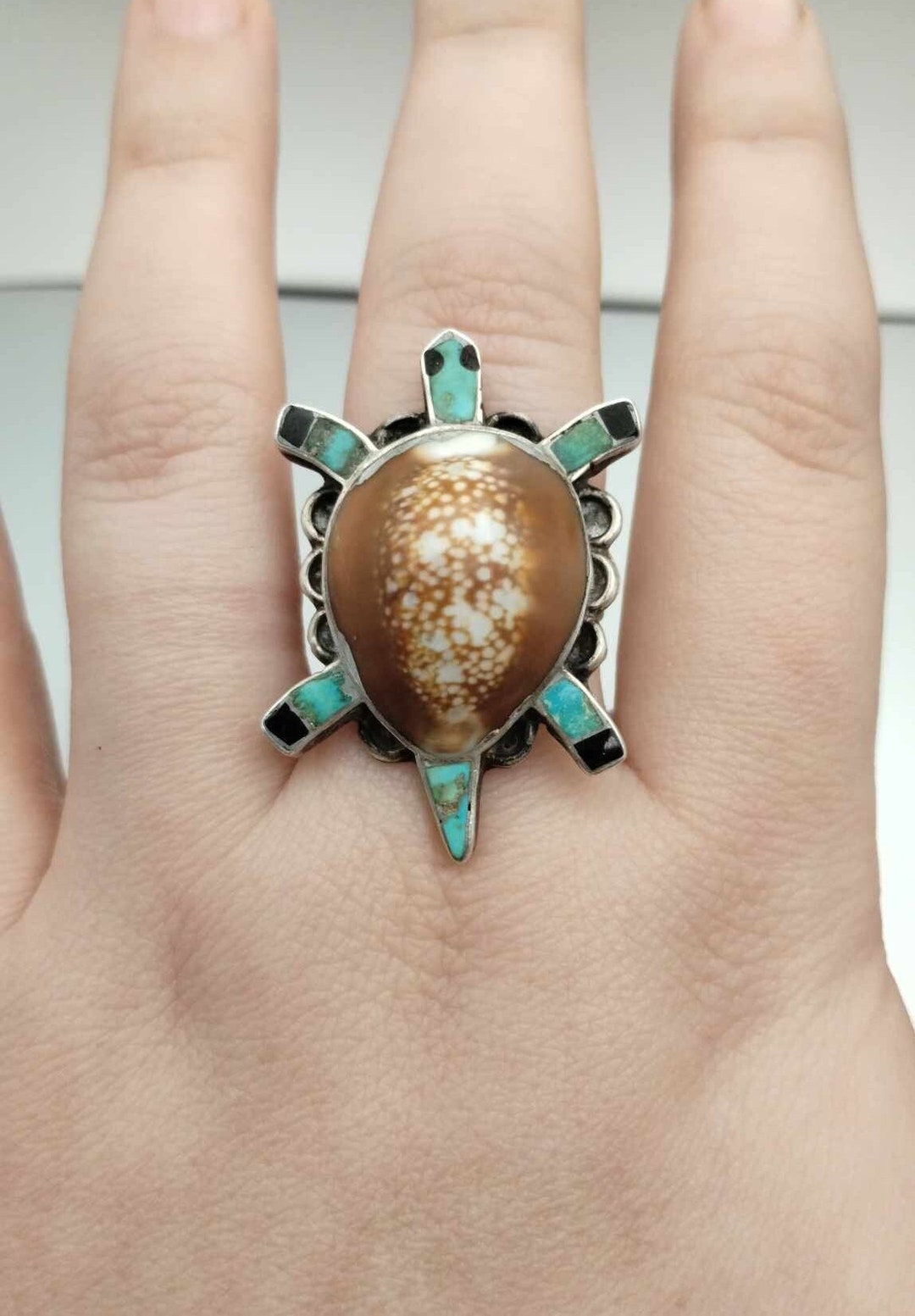 Native American Style Turtle Made With Seashell and Turquoise Ring Size ...
